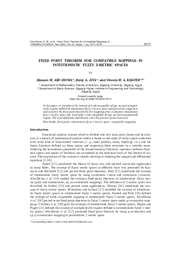(PDF) Fixed point theorem for compatible mappings in intuitionistic fuzzy 3-metric spaces