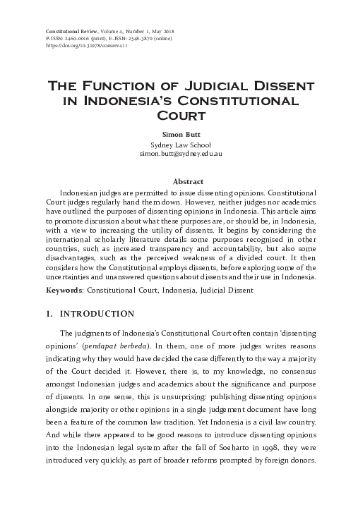 (PDF) The Function of Judicial Dissent in Indonesia’s Constitutional Court