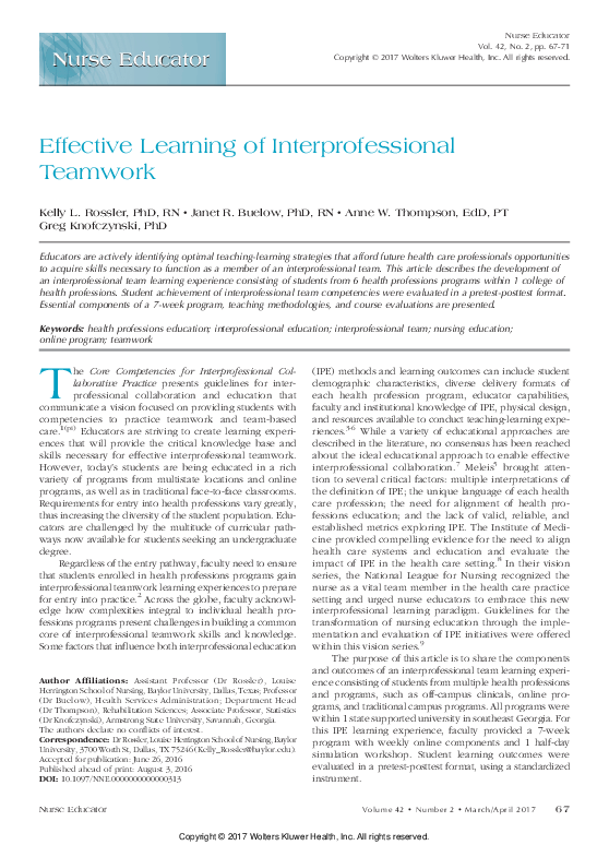 (PDF) Effective Learning of Interprofessional Teamwork