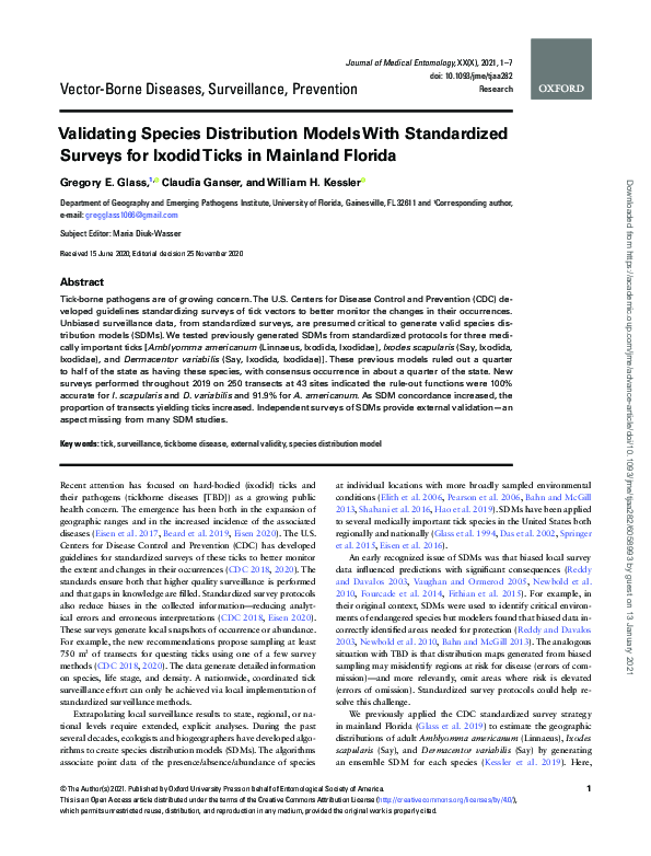 (PDF) Validating Species Distribution Models With Standardized Surveys for Ixodid Ticks in ...