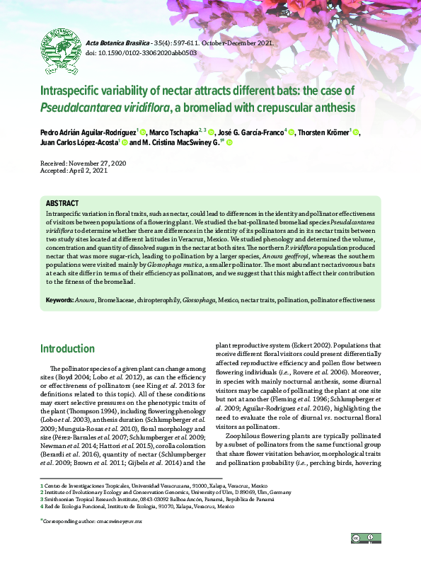 (PDF) Intraspecific variability of nectar attracts different bats: the ...