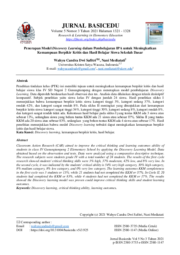 (PDF) Penerapan Model Discovery Learning Dalam Pembelajaran IPA Untuk Meningkatkan Kemampuan ...