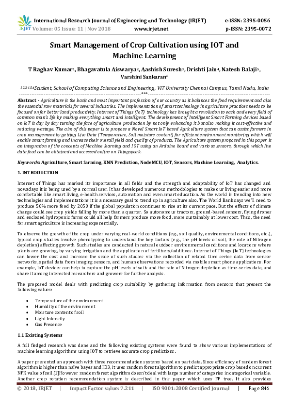 (PDF) Smart Management of Crop Cultivation using IOT and Machine Learning