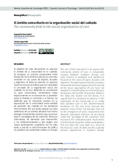 (PDF) El ámbito comunitario en la organización social del cuidado