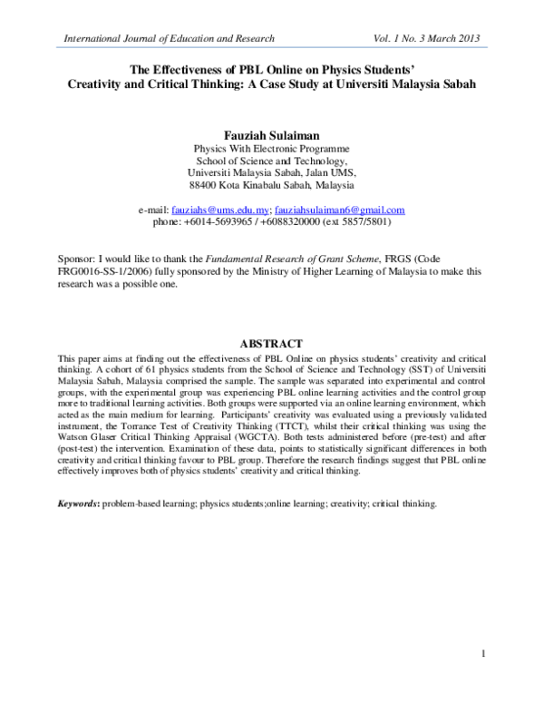 (PDF) The Effectiveness of PBL Online on Physics Students’ Creativity ...