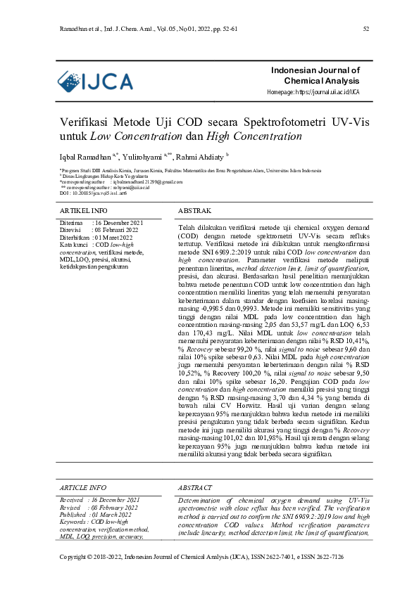 (PDF) Verifikasi Metode Uji COD secara Spektrofotometri UV-Vis untuk Low Concentration dan High ...