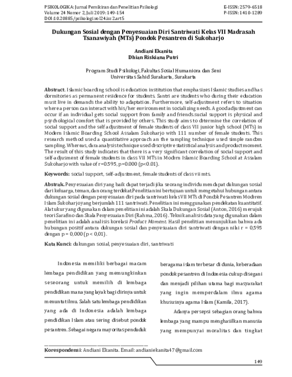 (PDF) Hubungan Antara Dukungan Sosial dengan Penyesuaian Diri pada Santriwati Kelas VII MTs ...