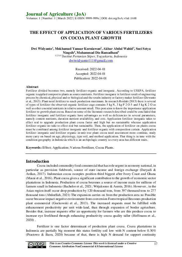 (PDF) The Effect of Application of Various Fertilizers on Cocoa Plant ...
