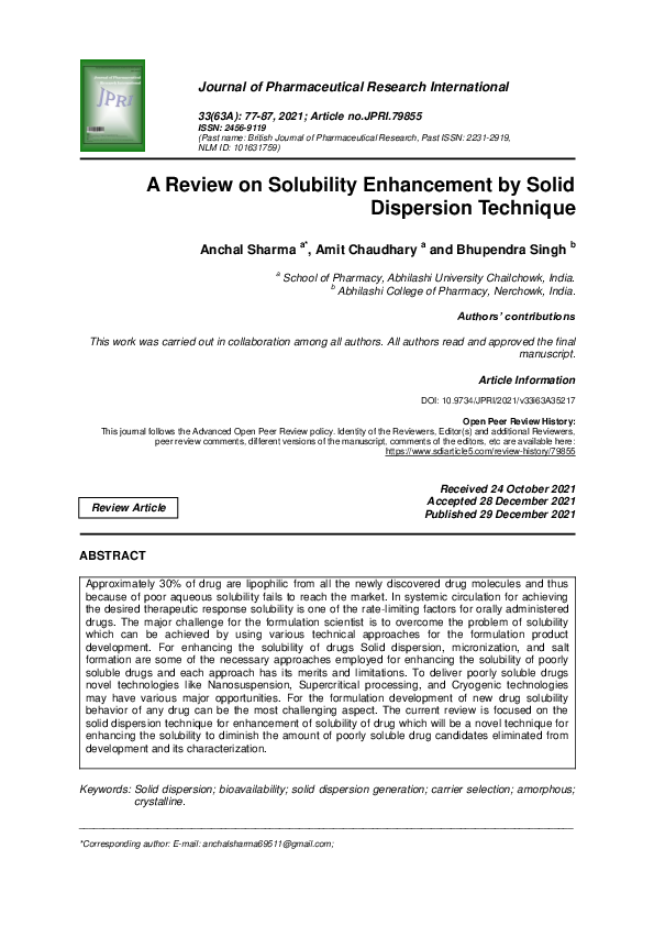(PDF) A Review on Solubility Enhancement by Solid Dispersion Technique