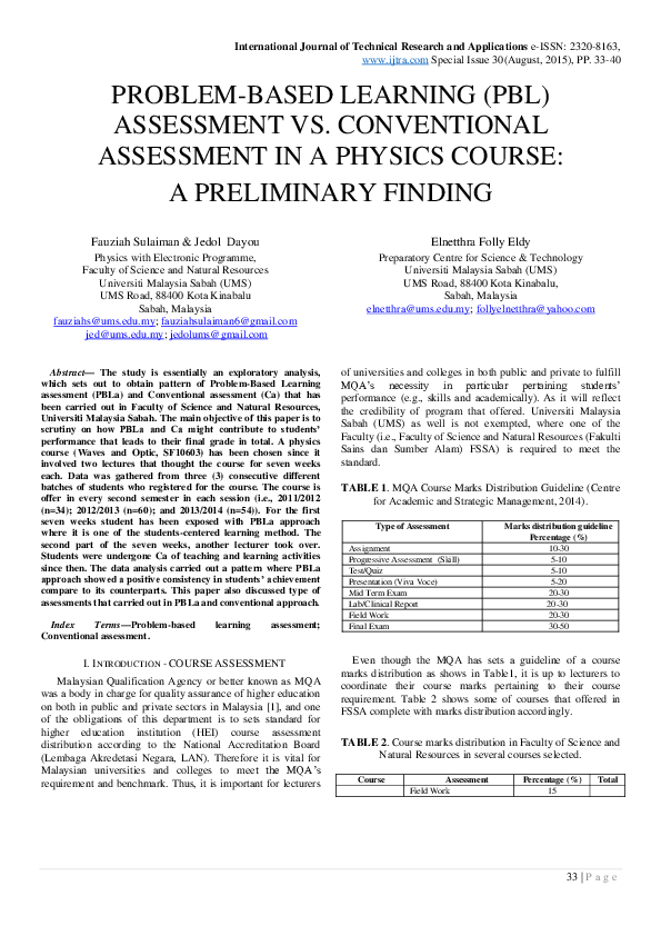 (PDF) Problem-Based Learning (PBL) Assessment vs. Conventional Assessment in a Physics Course: A ...