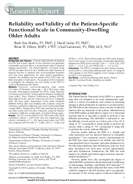 Pdf Reliability And Validity Of The Patient Specific Functional Scale In Community Dwelling