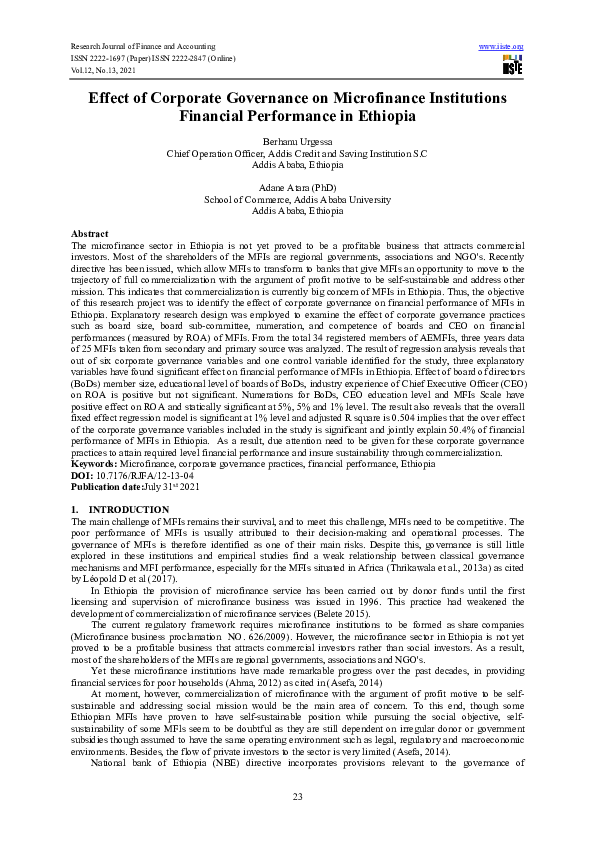(PDF) Effect of Corporate Governance on Microfinance Institutions Financial Performance in Ethiopia
