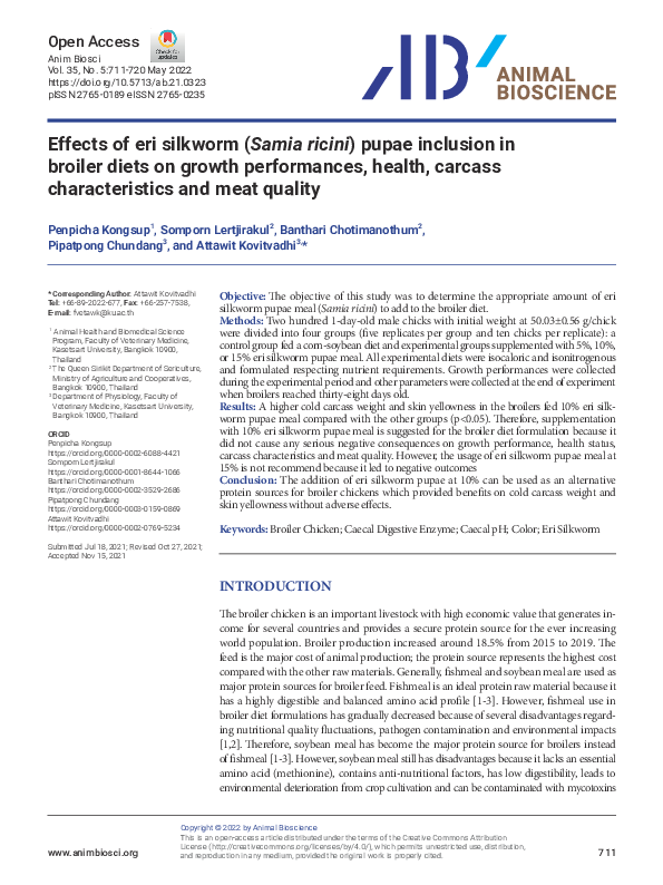 (PDF) Effects of eri silkworm (Samia ricini) pupae inclusion in broiler ...