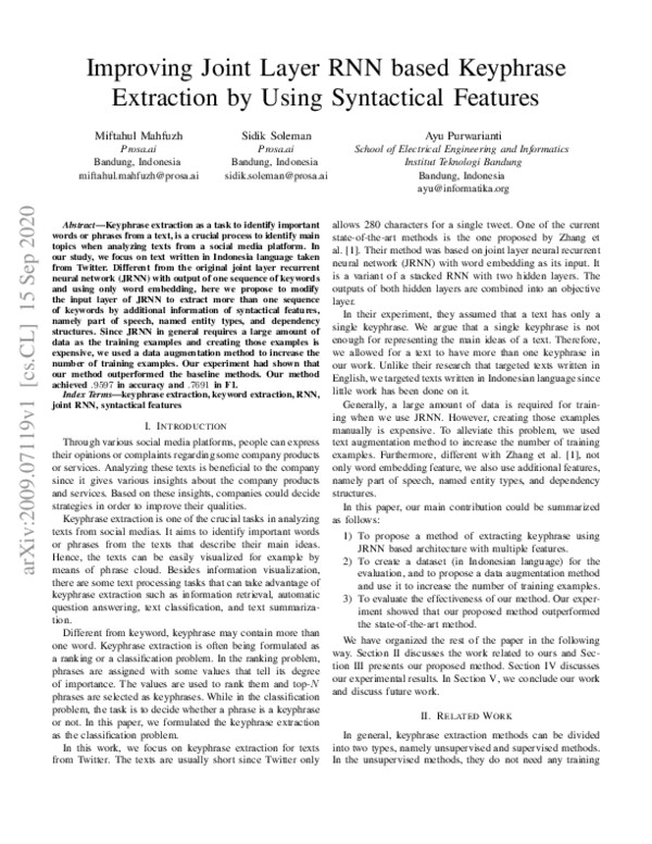 (PDF) Improving Joint Layer RNN based Keyphrase Extraction by Using Syntactical Features