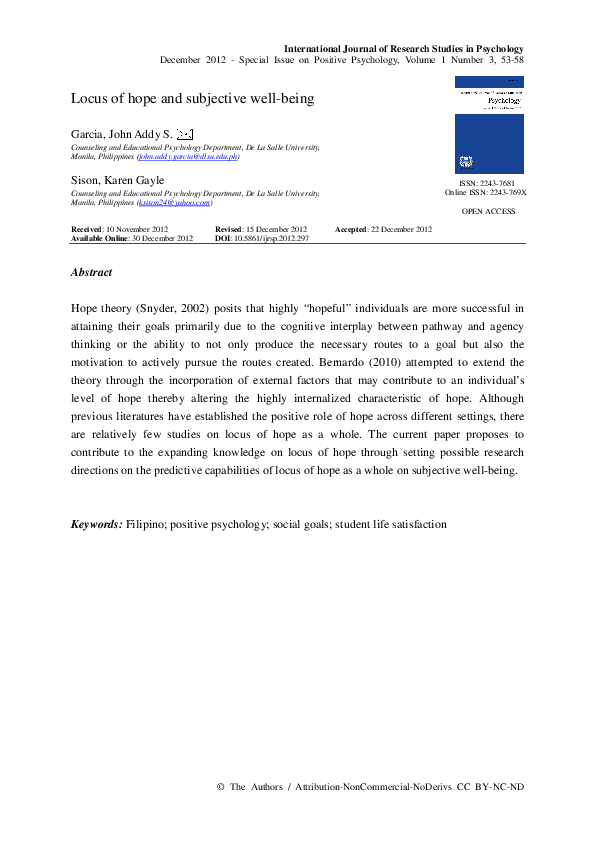 (PDF) Locus of hope and subjective well-being