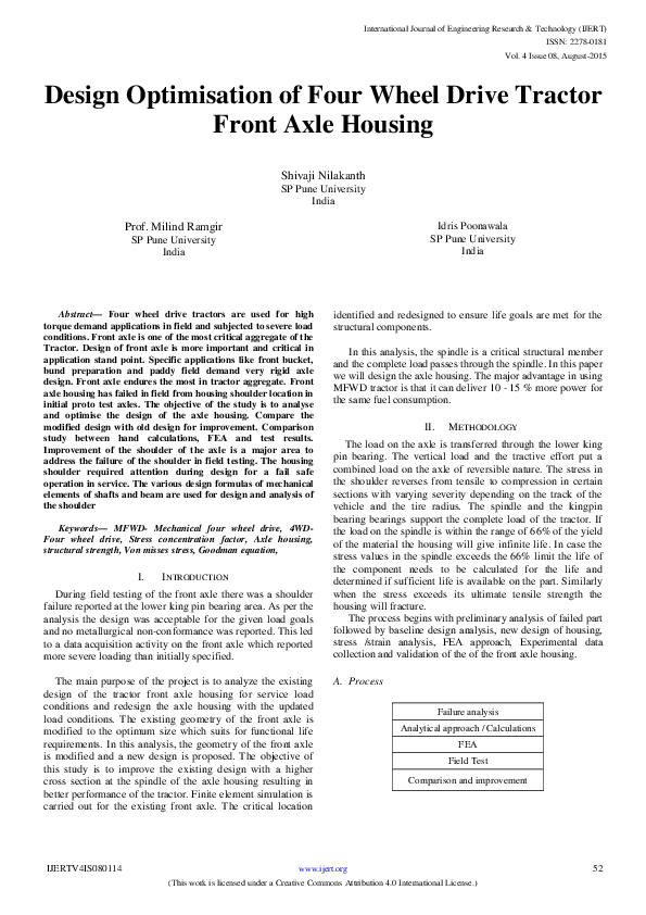 (PDF) Design Optimisation of Four Wheel Drive Tractor Front Axle Housing