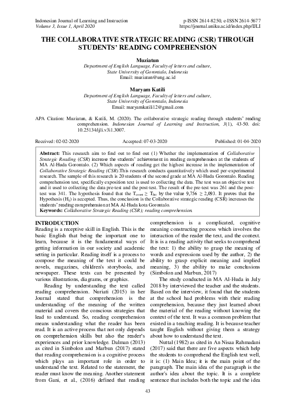 (PDF) The Collaborative Strategic Reading (CSR) Through Students ...