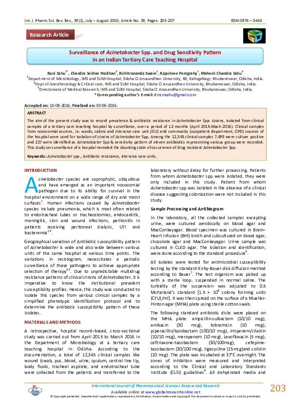 (PDF) Surveillance of Acinetobacter Spp . and Drug Sensitivity Pattern ...