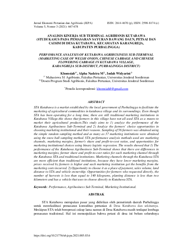 (PDF) Analisis Kinerja Sub Terminal Agribisnis Kutabawa (Studi Kasus ...