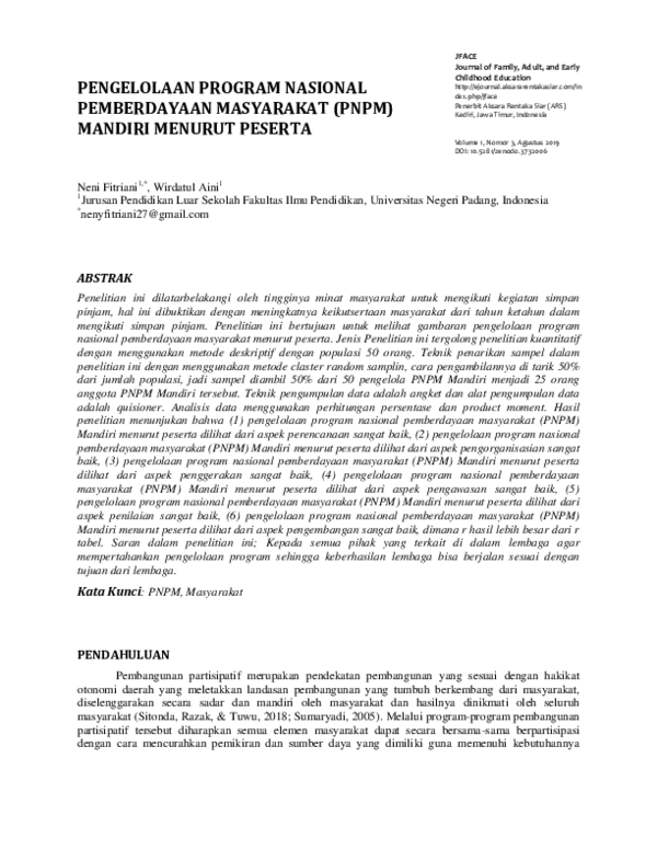 (PDF) Pengelolaan Program Nasional Pemberdayaan Masyarakat (PNPM) Mandiri Menurut Peserta | Neni ...