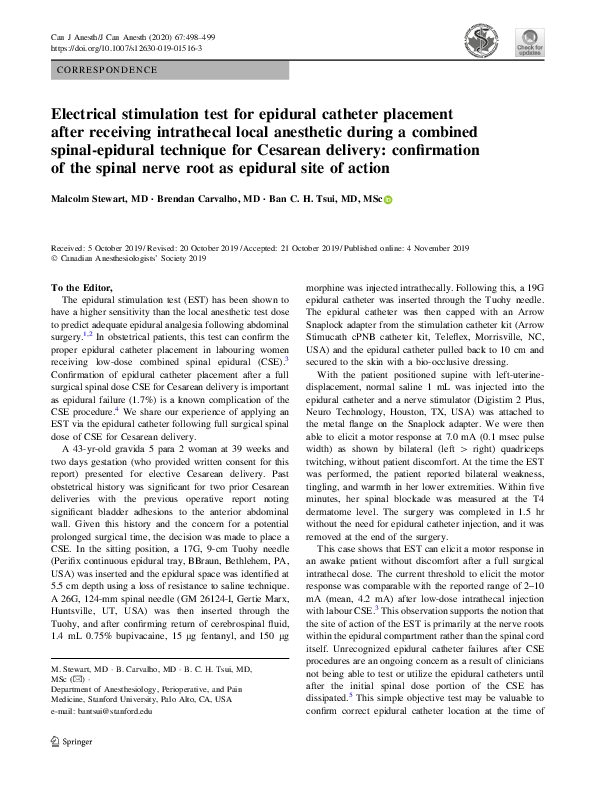 (PDF) Electrical stimulation test for epidural catheter placement after ...