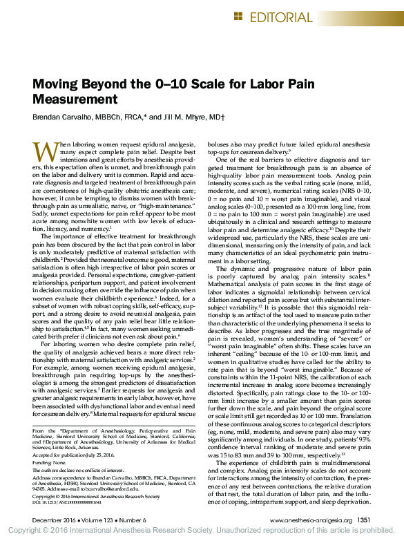 (PDF) Moving Beyond the 0–10 Scale for Labor Pain Measurement | Brendan ...