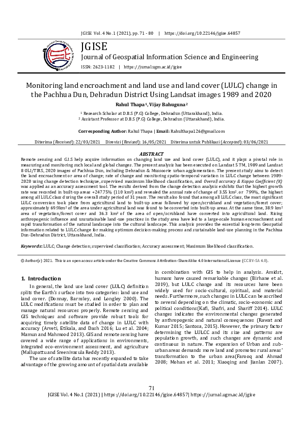 (PDF) Monitoring Land Encroachment and Land Use & Land Cover (LULC) Change in The Pachhua Dun ...