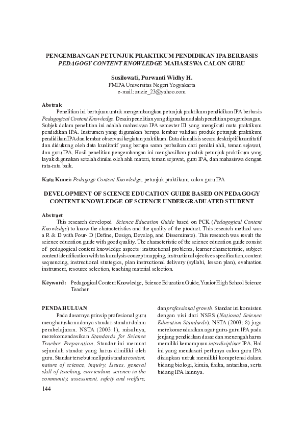 (PDF) Pengembangan Petunjuk Praktikum Pendidikan Ipa Berbasis Pedagogy Content Knowledge ...