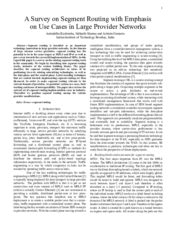 (PDF) A Survey on Segment Routing with Emphasis on Use Cases in Large Provider Networks