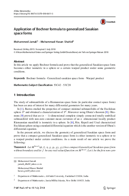 (PDF) Application of Bochner formula to generalized Sasakian space forms