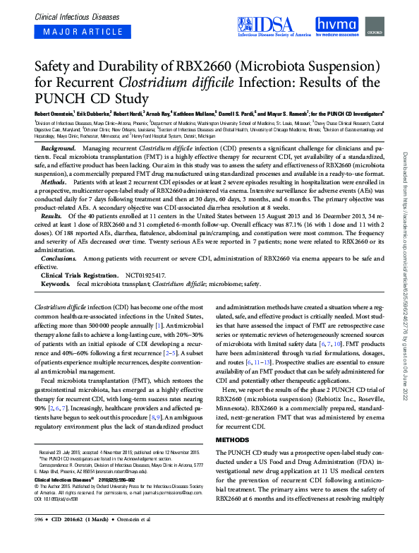 (PDF) Safety and Durability of RBX2660 (Microbiota Suspension) for ...