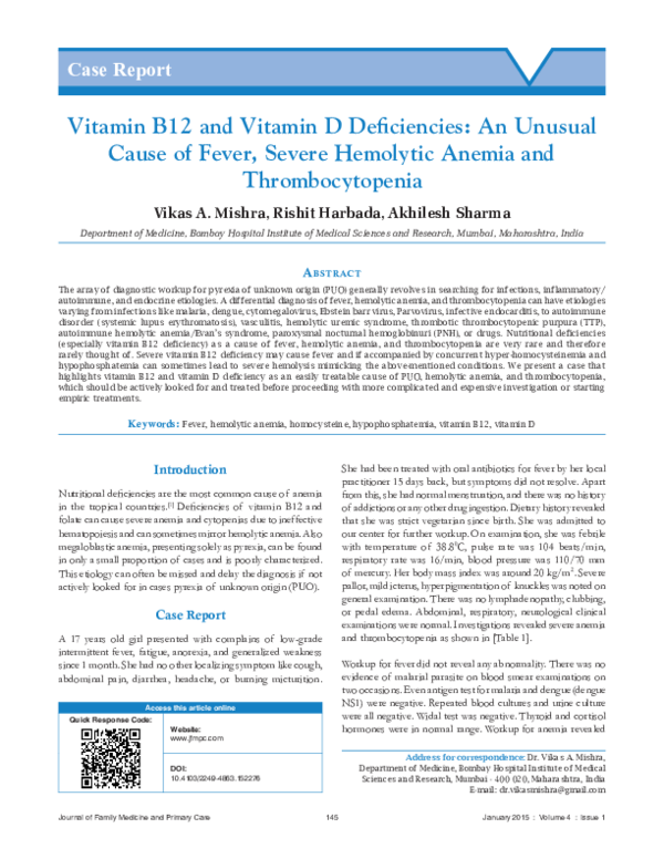 (PDF) Vitamin Deficiencies Causing Fever & Anemia