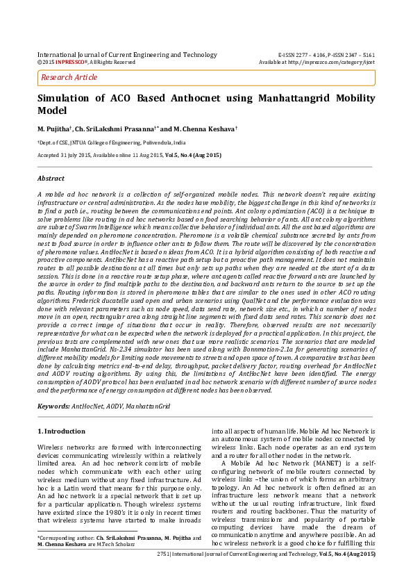 (PDF) Simulation of ACO Based Anthocnet using Manhattangrid Mobility Model