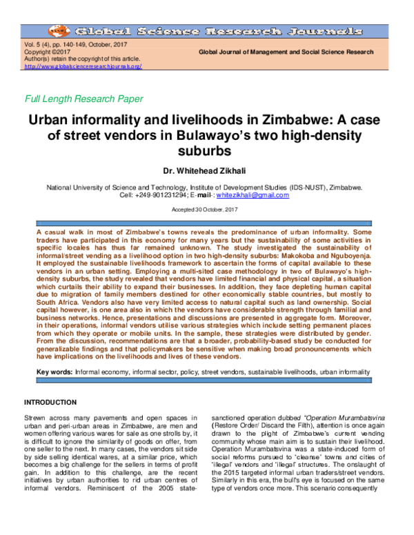 (PDF) Urban informality and livelihoods in Zimbabwe: A case of street ...