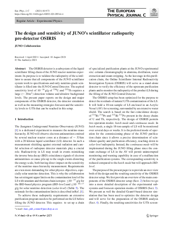 (PDF) JUNO's OSIRIS Detector: Design and Sensitivity