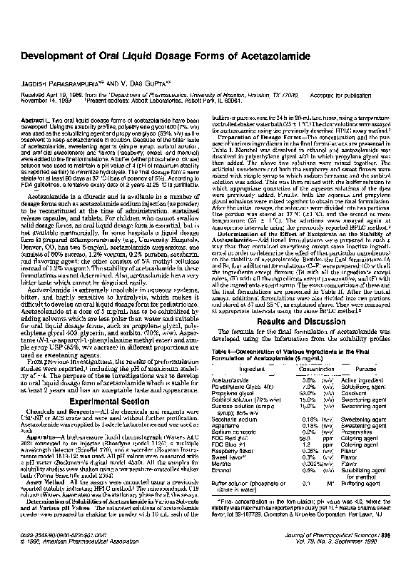 (PDF) Development of oral liquid dosage forms of acetazolamide