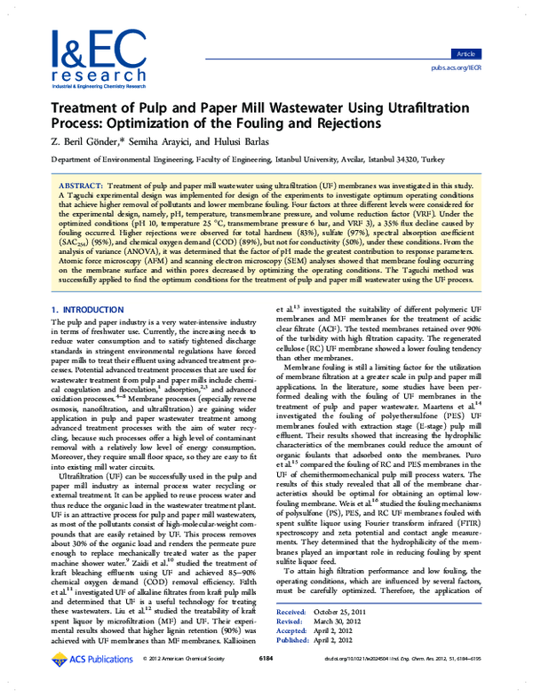 (PDF) Treatment of Pulp and Paper Mill Wastewater Using Utrafiltration ...