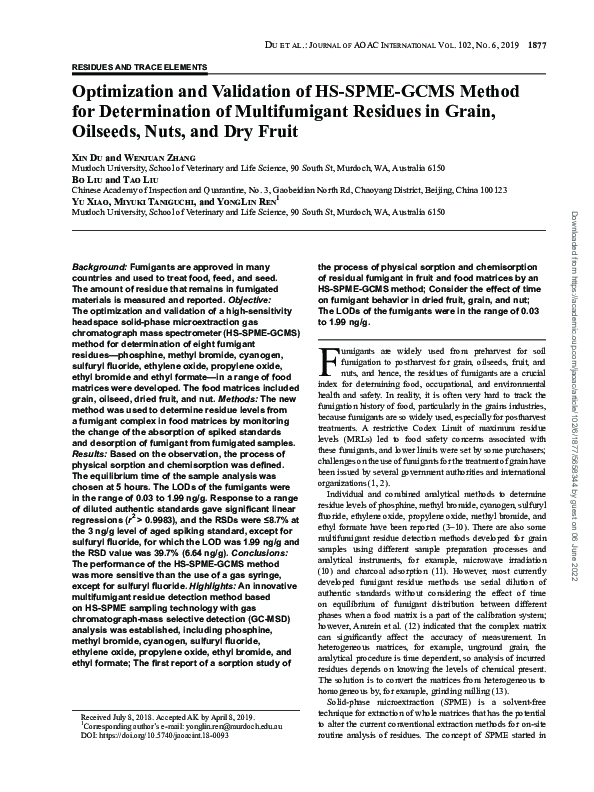 (PDF) Optimization and Validation of HS-SPME-GCMS Method for Determination of Multifumigant ...