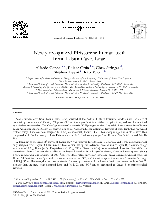(PDF) Newly recognized Pleistocene human teeth from Tabun Cave, Israel