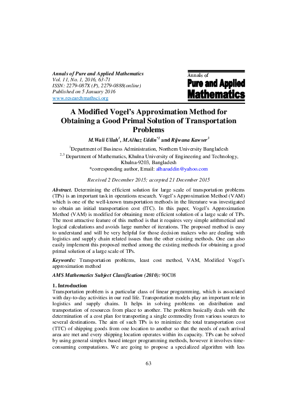 (PDF) A Modified Vogel ’ s Approximation Method for Obtaining a Good Primal Solution of ...