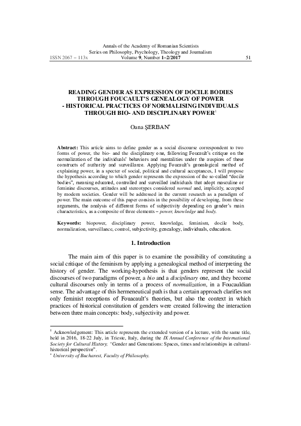 (PDF) Reading Gender as Expression of Docile Bodies Through Foucault's ...