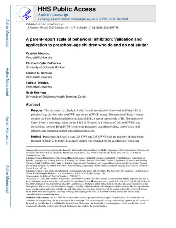 (PDF) A parent-report scale of behavioral inhibition: Validation and application to preschool ...