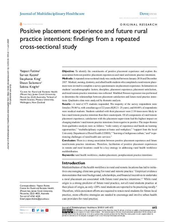 (PDF) Positive placement experience and future rural practice intentions: findings from a ...