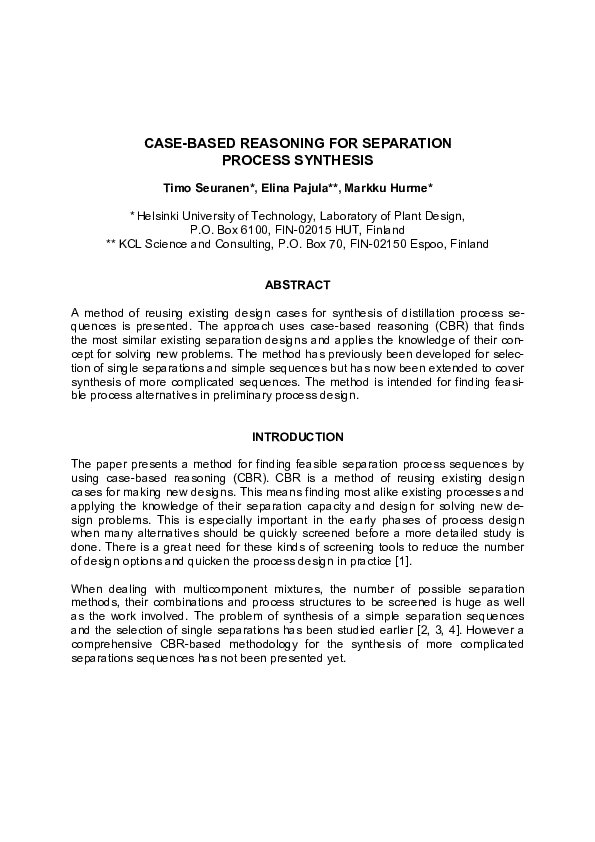 (PDF) Case-based reasoning for separation process synthesis