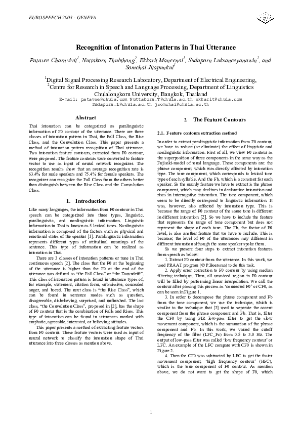 (PDF) Recognition of intonation patterns in Thai utterance