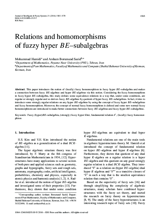 (PDF) Relations and homomorphisms of fuzzy hyper BE-subalgebras