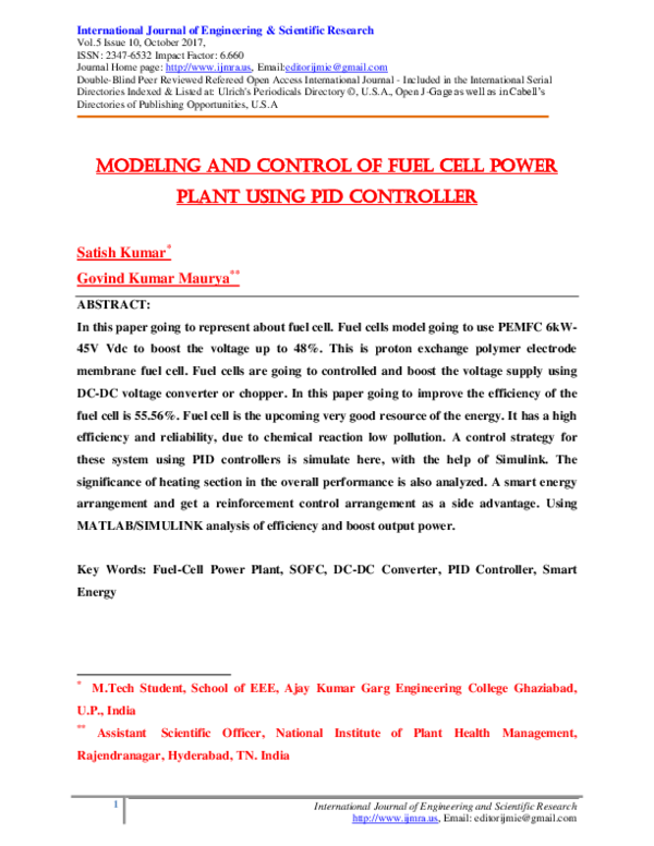(PDF) Modeling and Control of Fuel Cell Power Plant Using PID ...