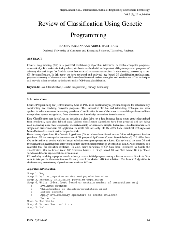 Pdf Review Of Classification Using Genetic Programming