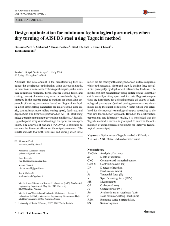 (PDF) Design optimization for minimum technological parameters when dry turning of AISI D3 steel ...