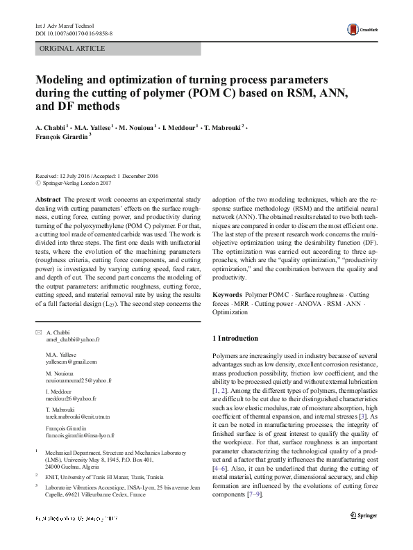 (PDF) Modeling and optimization of turning process parameters during the cutting of polymer (POM ...